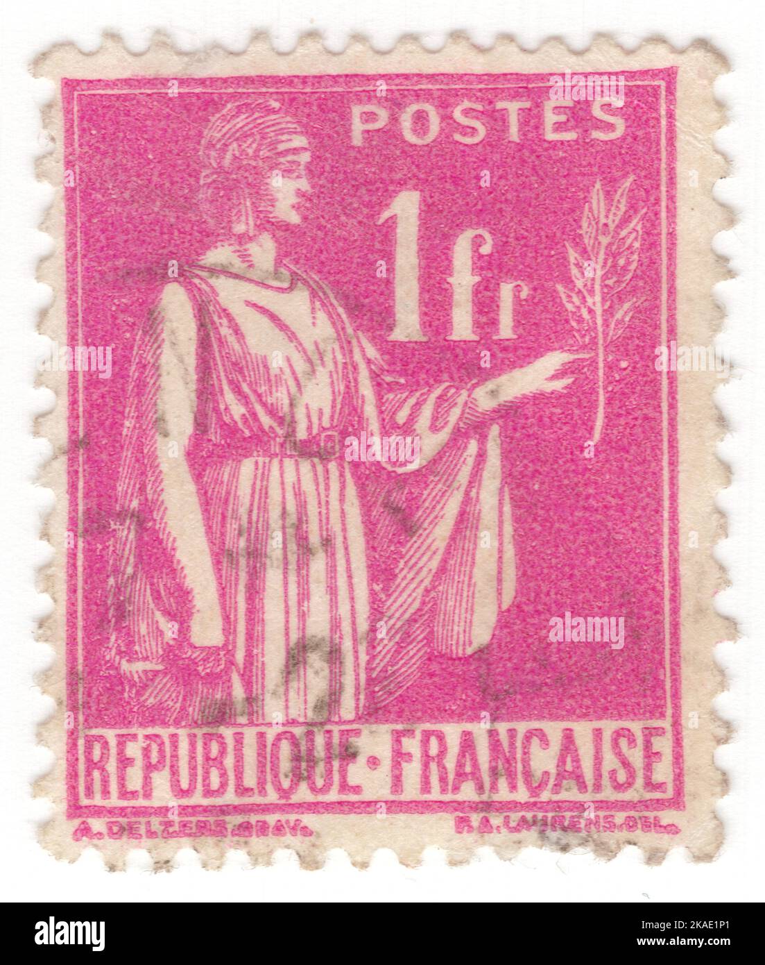 FRANCE - 1938: An 1 franc rose-pink postage stamp depicting “Peace with ...