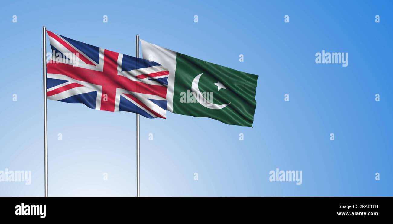 United Kingdom flag and Pakistan flag, with blue sky Stock Photo - Alamy