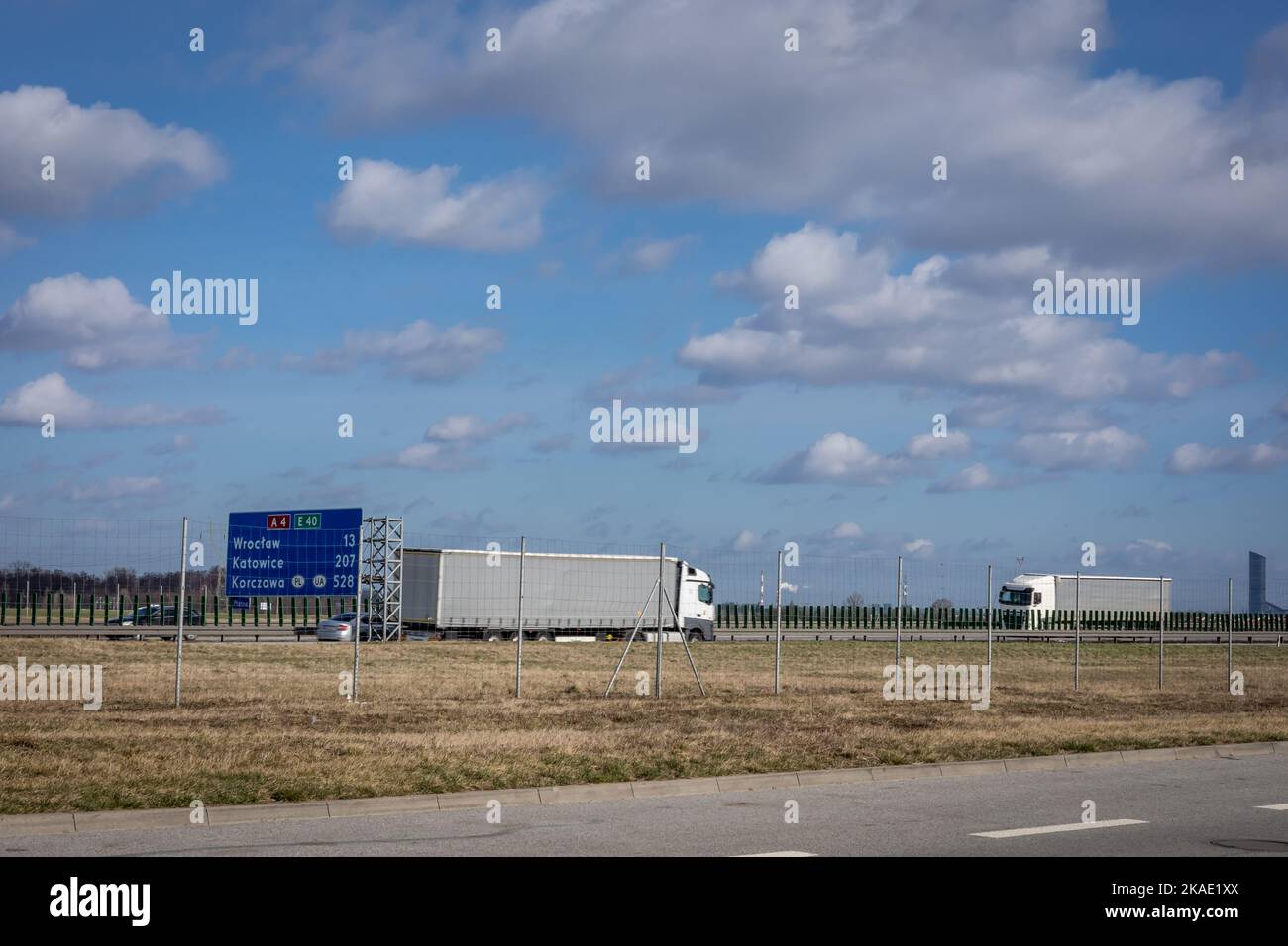 Wroclaw, Poland - February 19, 2022: Two trucks driving A4 highway in ...