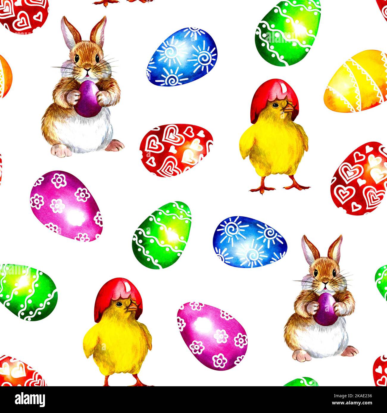 Colorful Easter background. Seamless pattern with eggs, chickens and ...