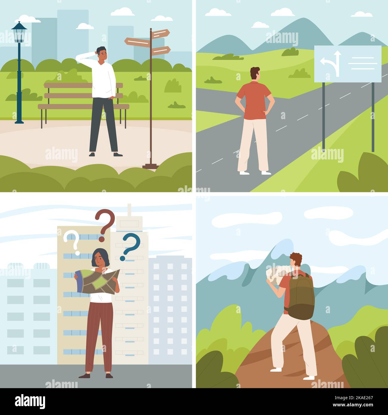 Lost people searching wright way flat scenes isolated posters vector ...