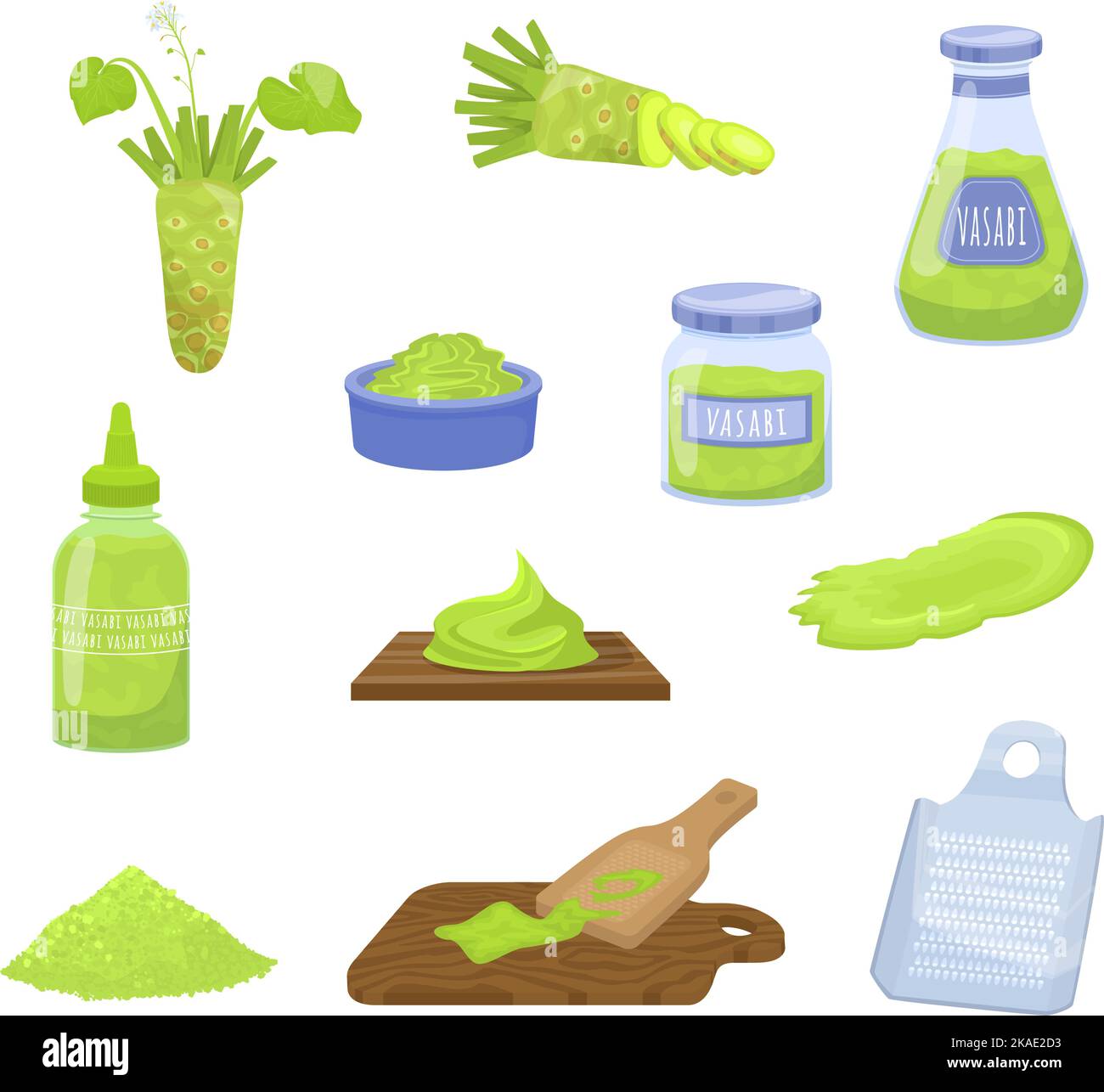 Wasabi sauce flat set of isolated icons with images of carving board ...