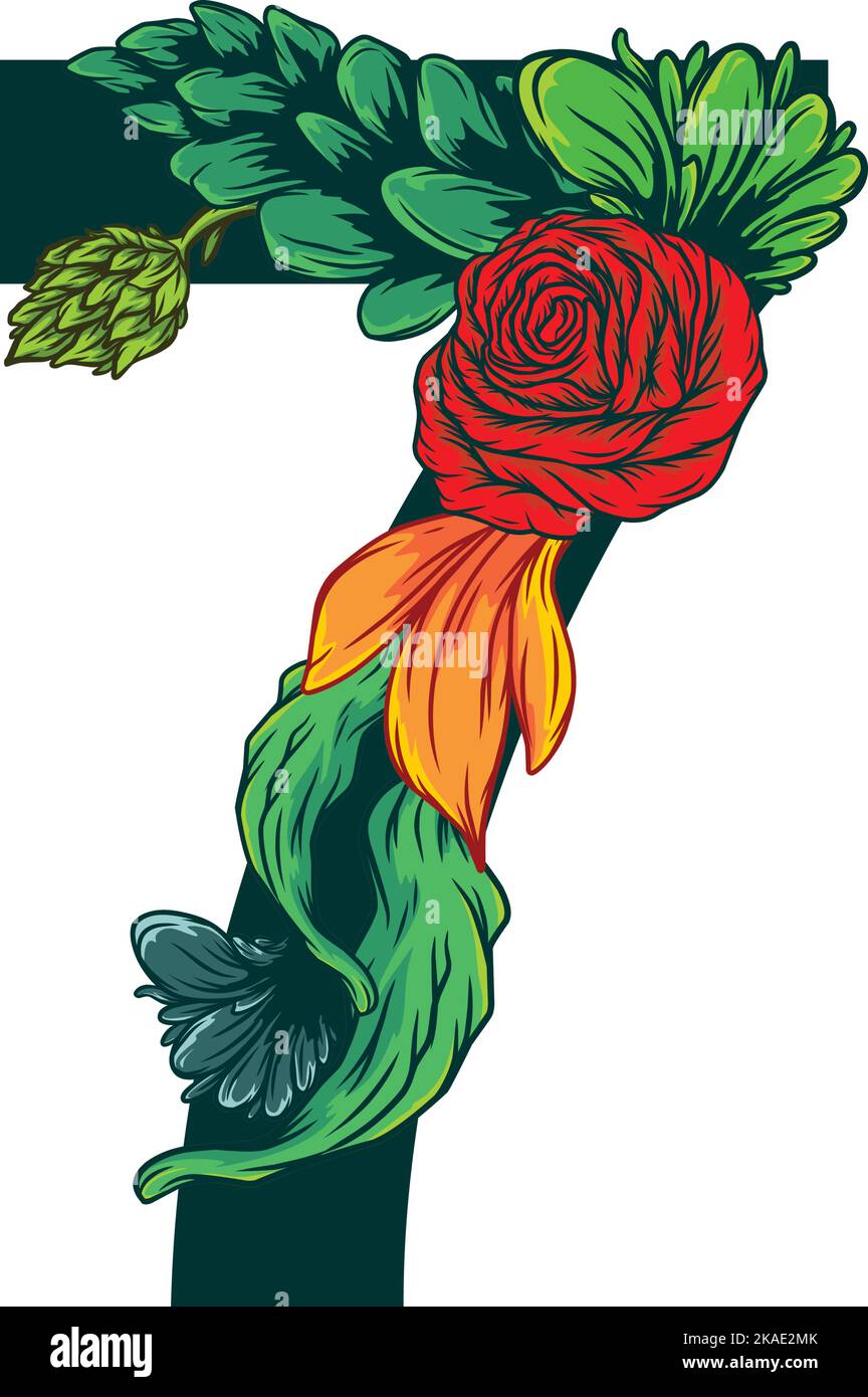 The number seven with floral pattern isolated on white background ...