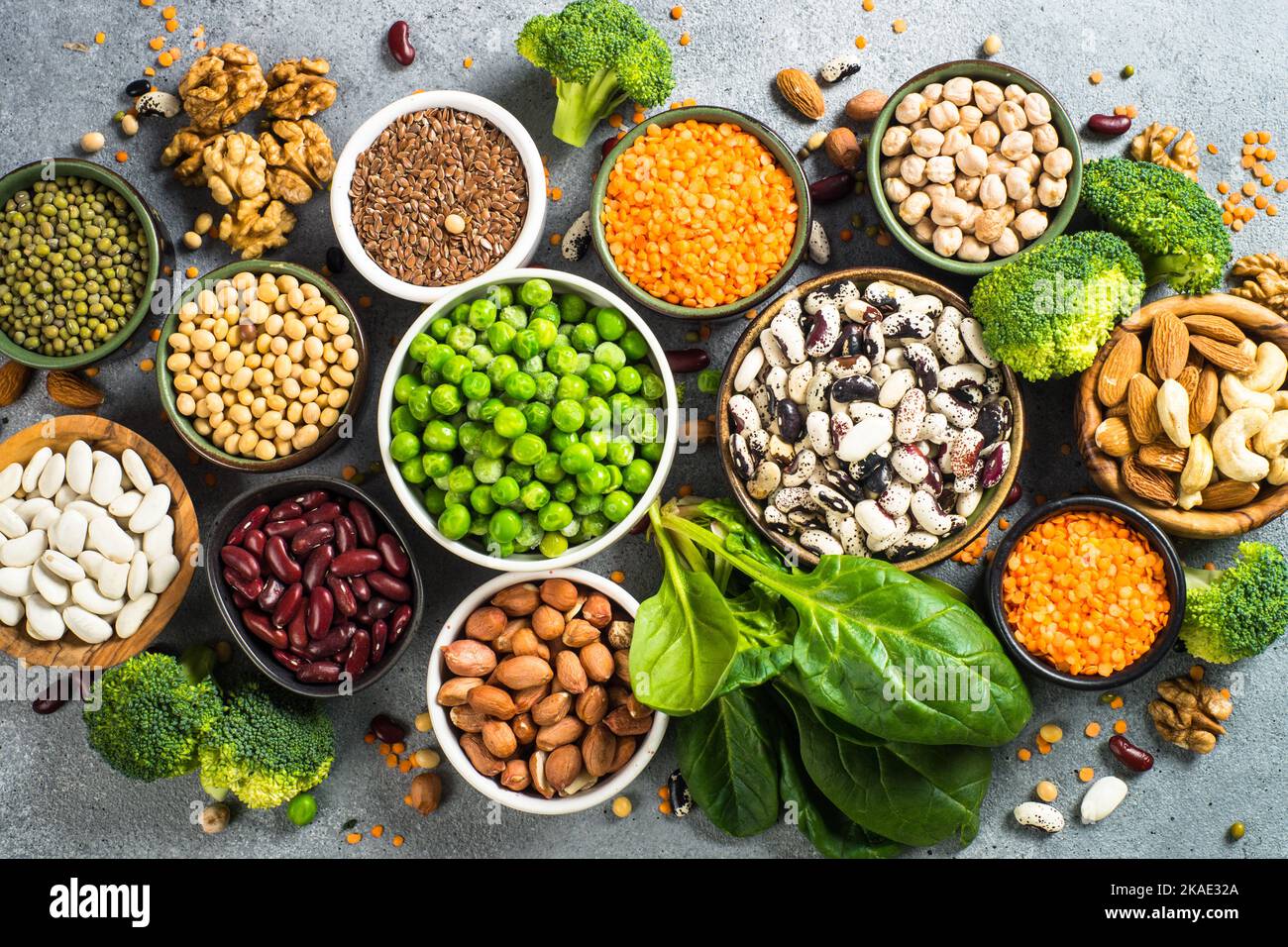 Vegan protein source. Legumes, beans, lentils, nuts, broccoli, spinach ...