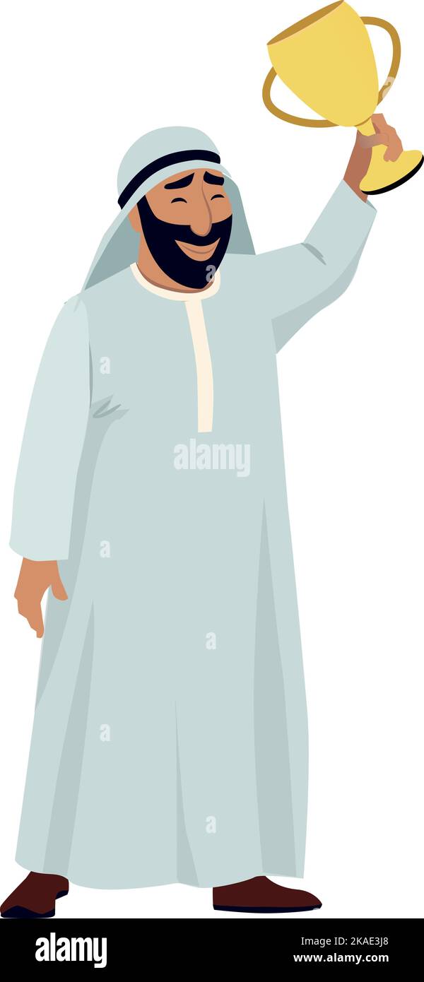 Arab man hold trophy cup. Saudi winner character Stock Vector Image ...