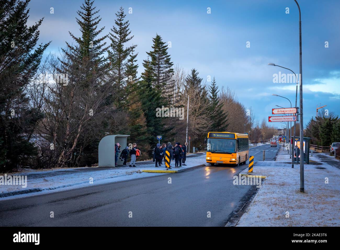 Reykjavik, Iceland - January 20, 2022: A group of school kids getting ...