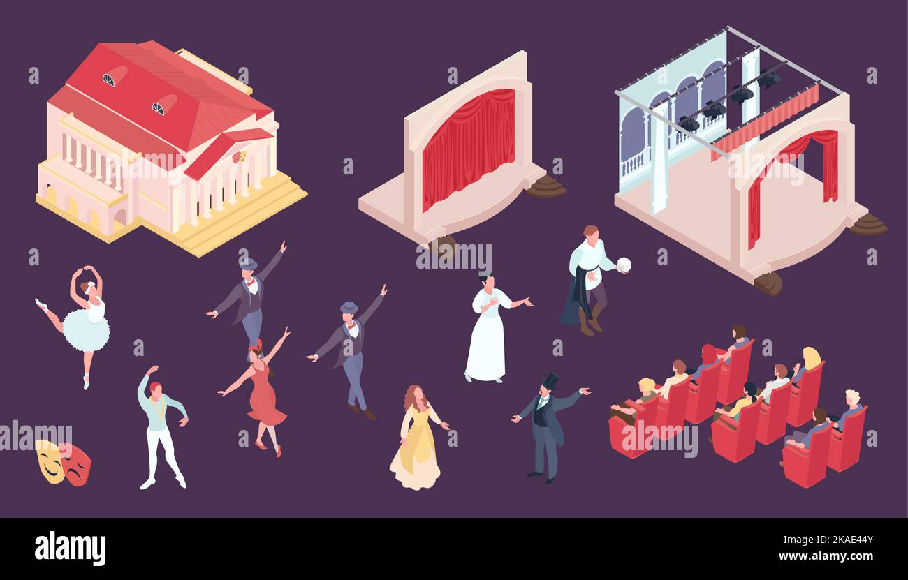 Theatre color set with performance symbols isometric isolated vector ...