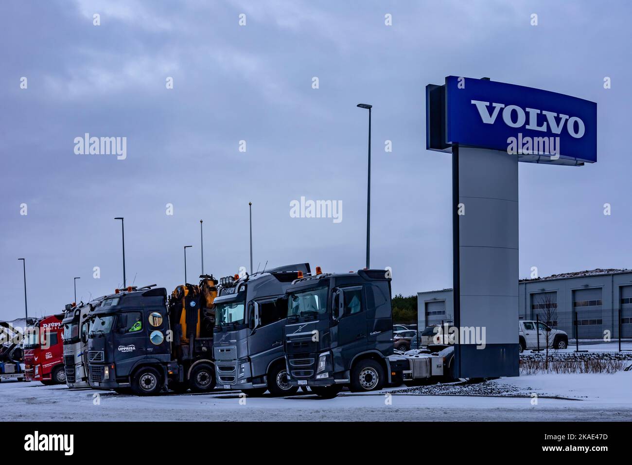 Reykjavik, Iceland - January 25, 2022: A column with a logo of Volvo ...
