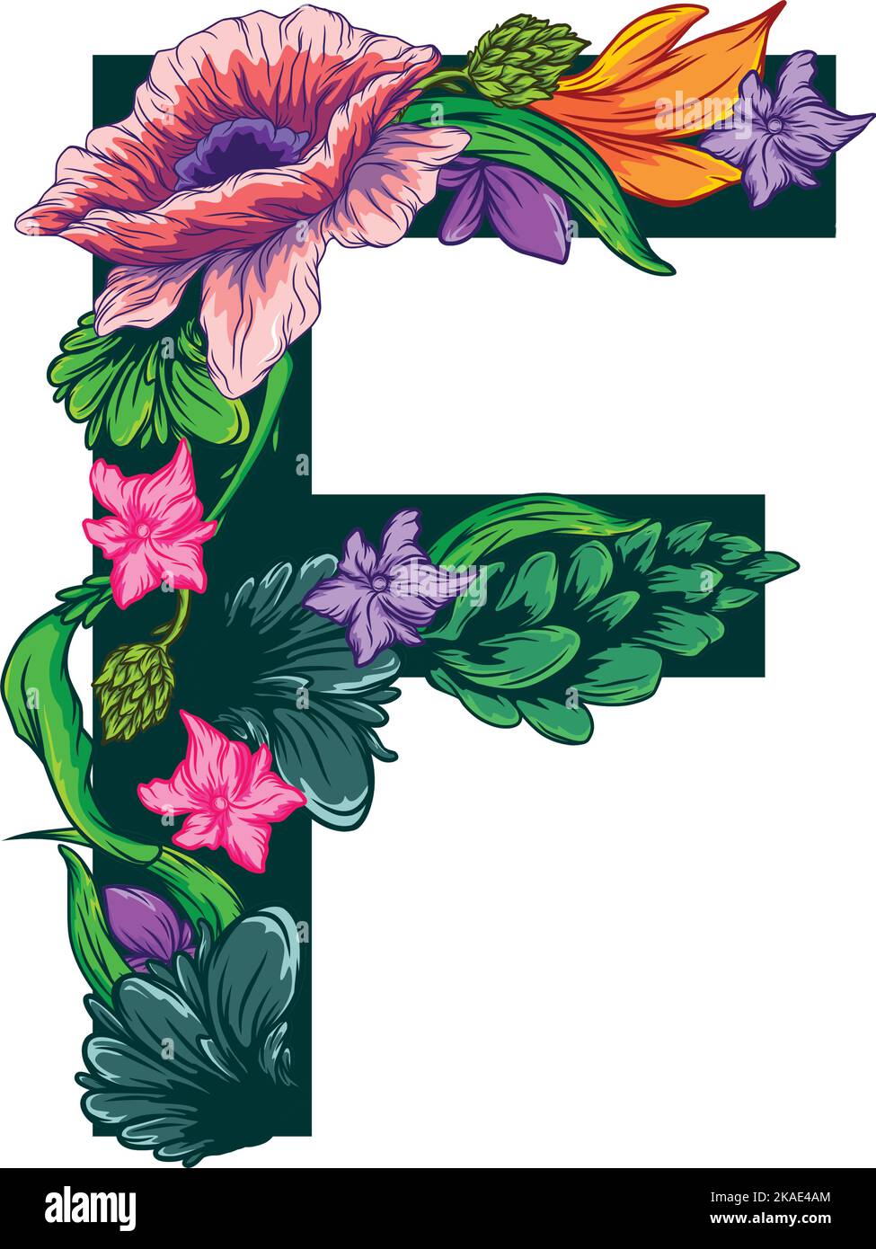 A vector of the capital F letter with green leaves and floral patterns ...