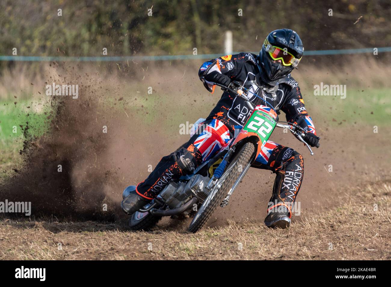 Kenzie Cossey racing in grasstrack motorcycle race. Donut Meeting event ...