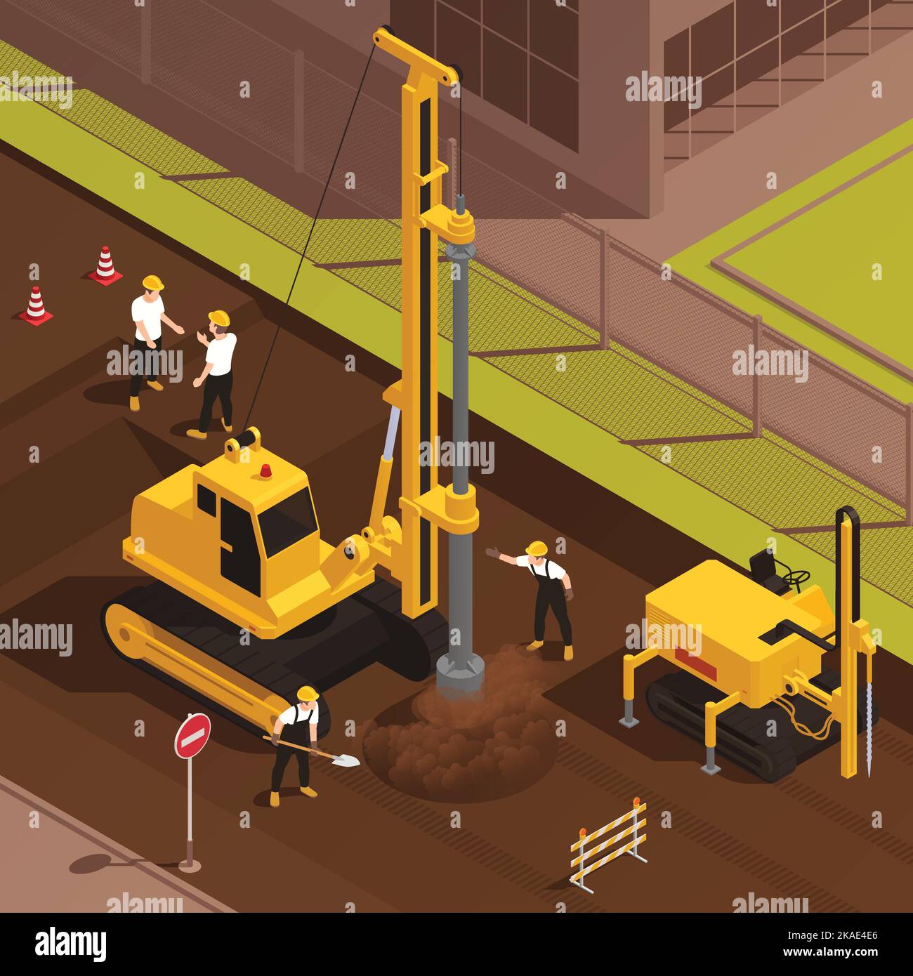 Workers drilling well on construction site in urban area 3d isometric ...