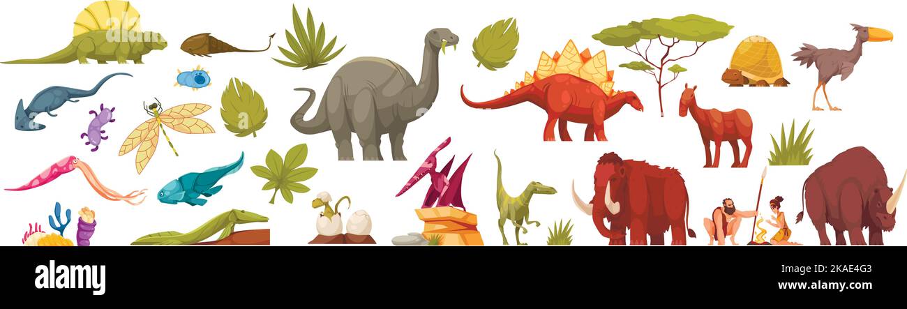 Geochronological era flat color set of predators and herbivores cartoon ...