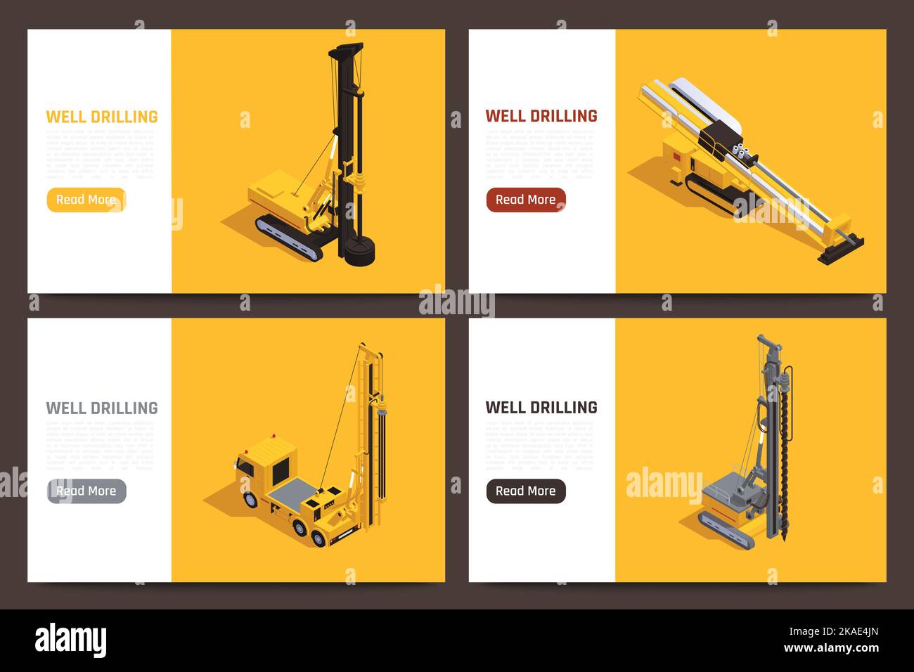 Set of four isometric horizontal banners with well drilling machinery isolated on dark ...