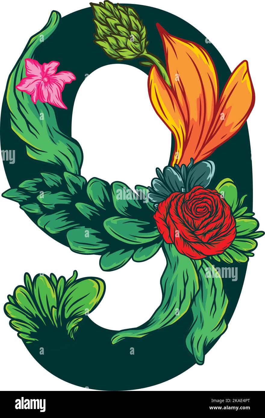 The number nine with floral pattern isolated on white background ...