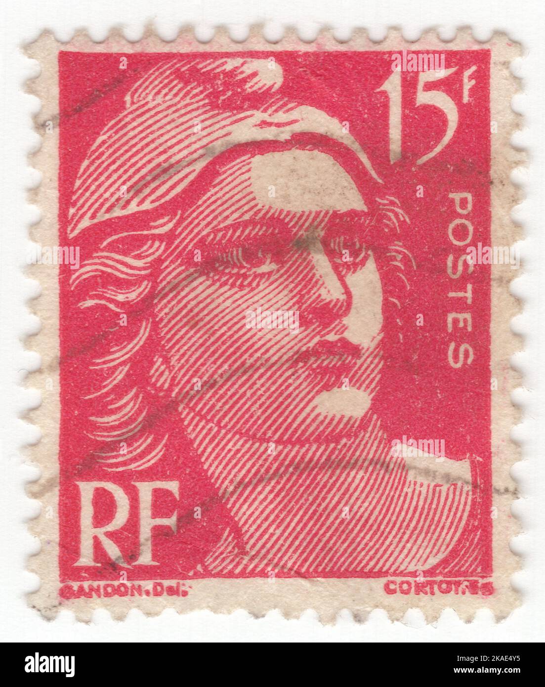 FRANCE - 1945: An 15 francs crimson-rose postage stamp depicting ...