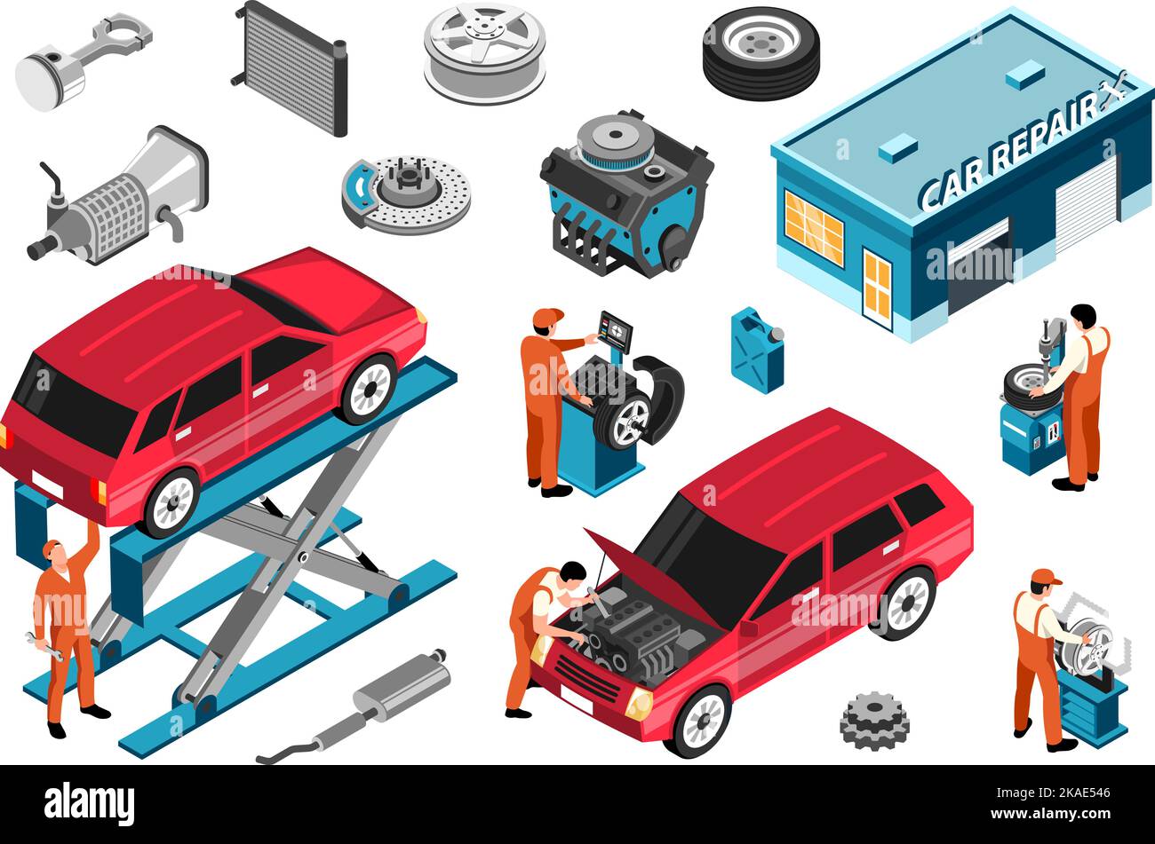Isometric car repair set with serviceman and automobile spare parts ...