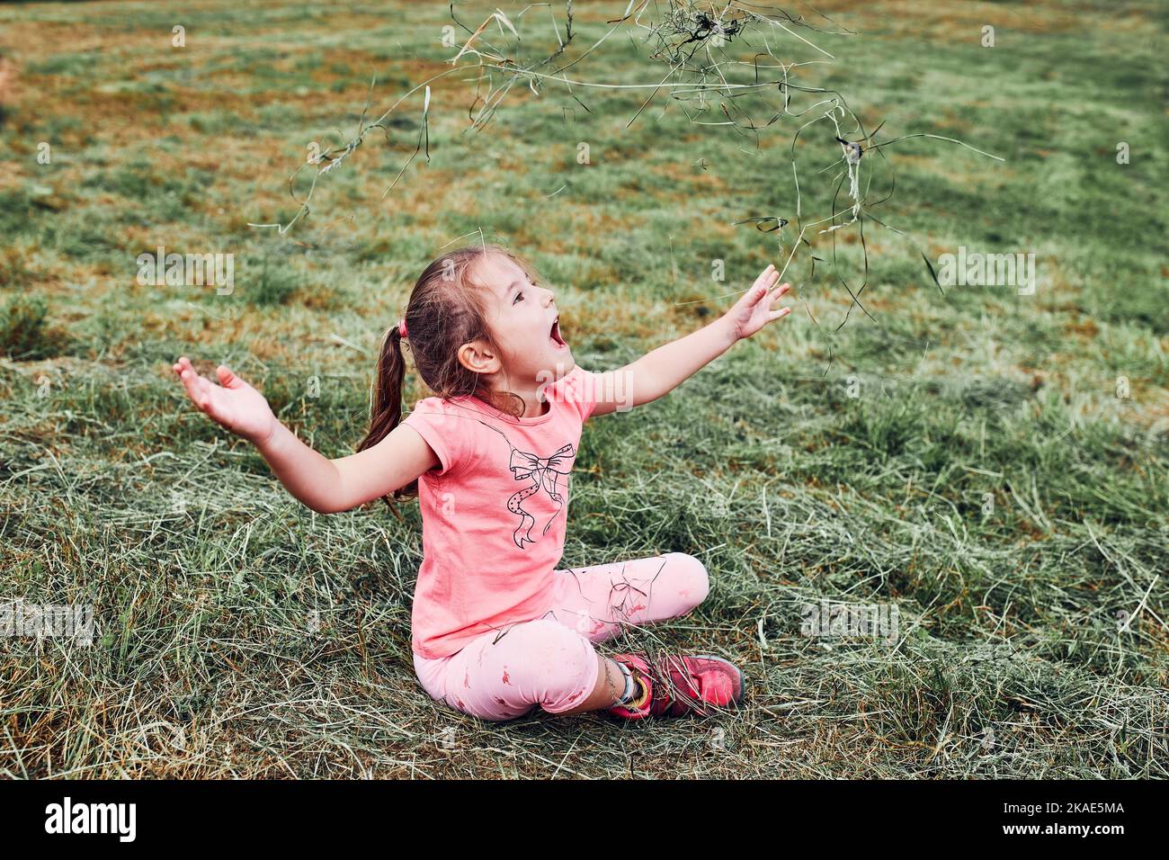 Little girl playing with grass enjoying summer day. Happy child playing ...