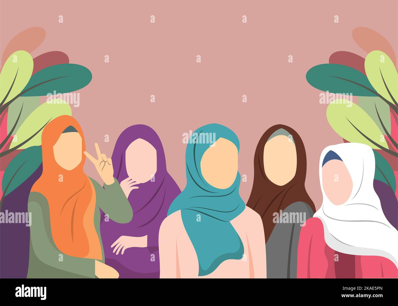 A vector illustration of five women in hijab posing for the camera ...
