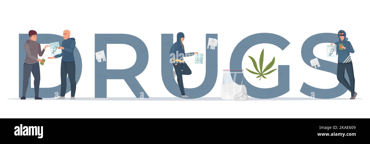 Drugs trade flat text banner with dealers holding packages with powder ...