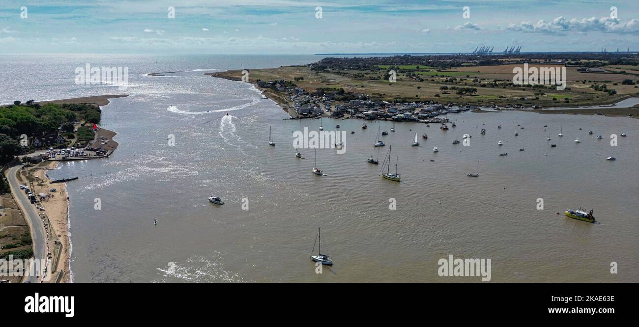 An aerial view of the estuary of the slow and muddy river Deben at ...