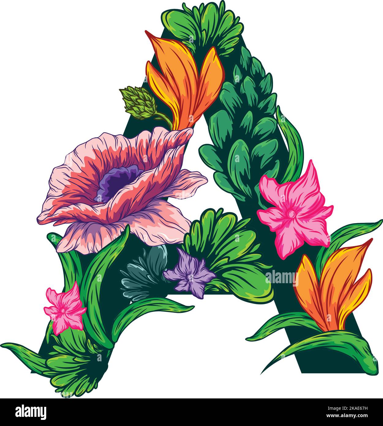 A vector of the capital A letter with green leaves and floral patterns ...