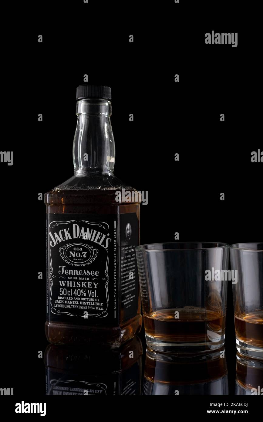 October 2022. Ukraine. Krivoy Rog. Bottle of whiskey Jack Daniels on a ...