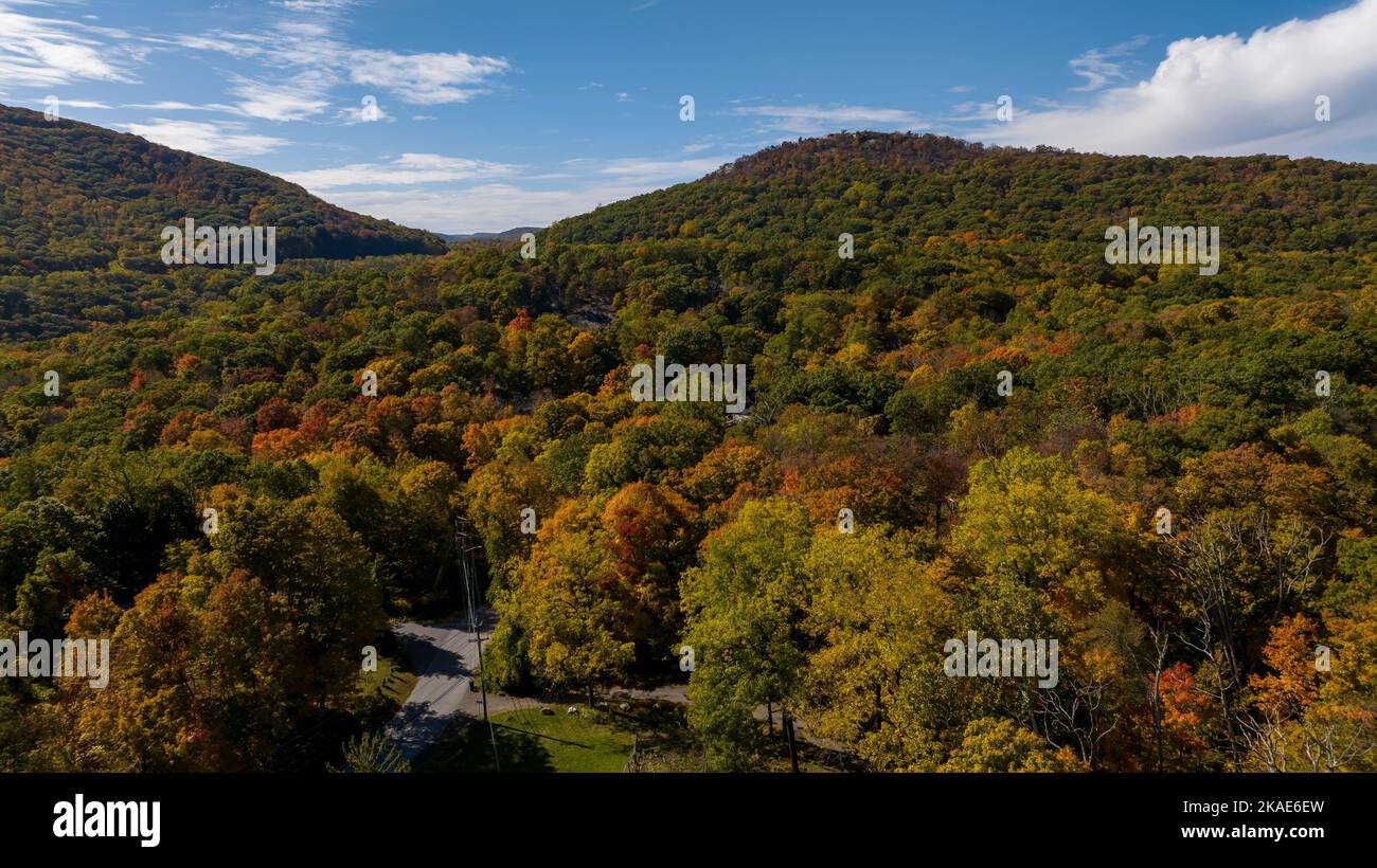An aerial of trees in upstate New York during the colorful fall foliage ...