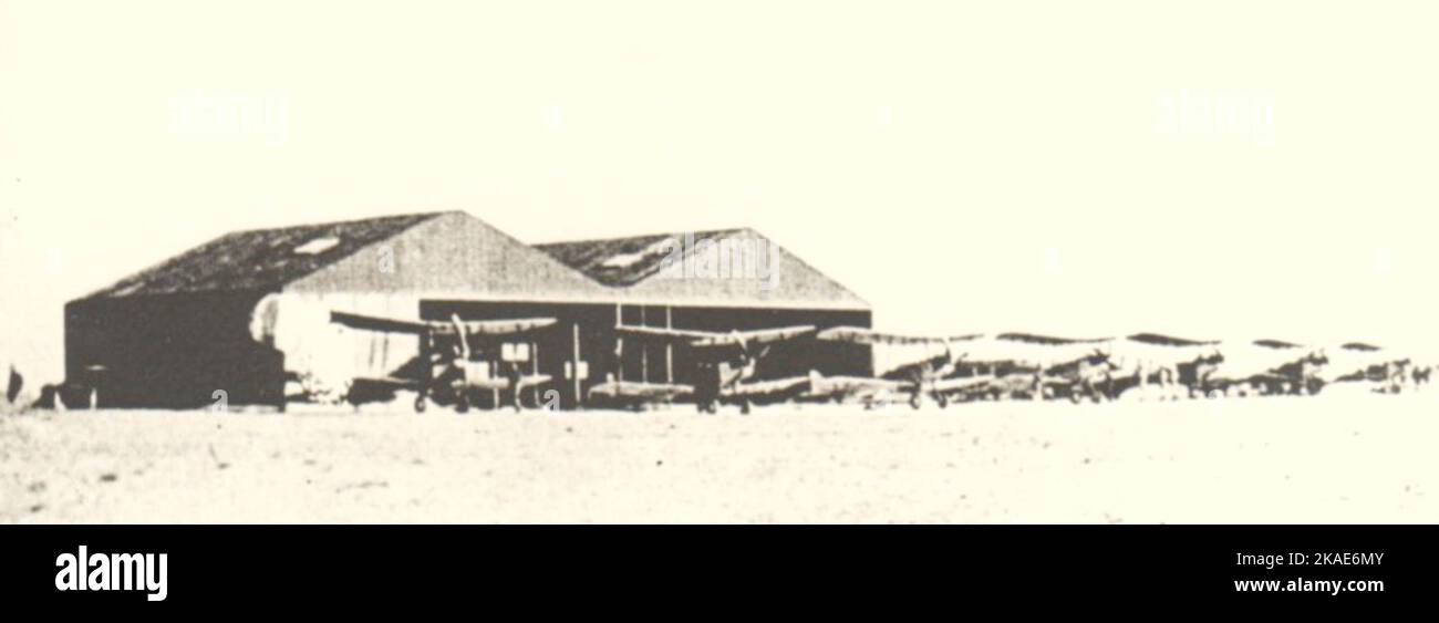 Ismailia Aerodrome with BE 2C two seater aircraft outside the hangars ...