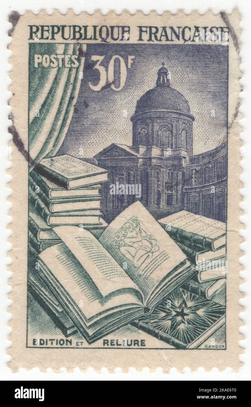 FRANCE - 1954 May 6: An 30 francs dark green and lilac-gray postage ...