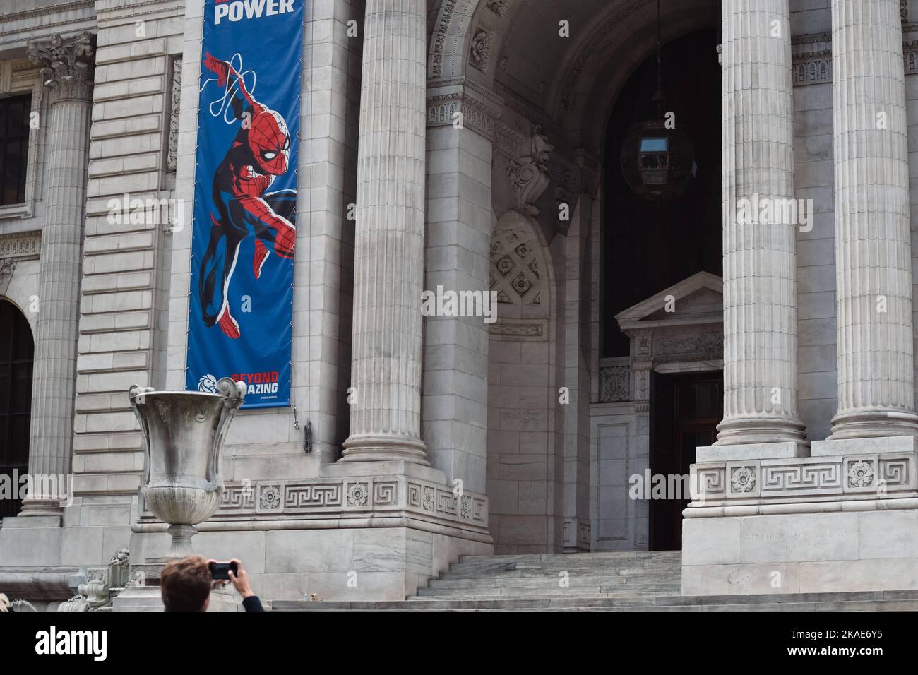 The New York Public Library (NYPL) with a huge banner of Spider Man ...