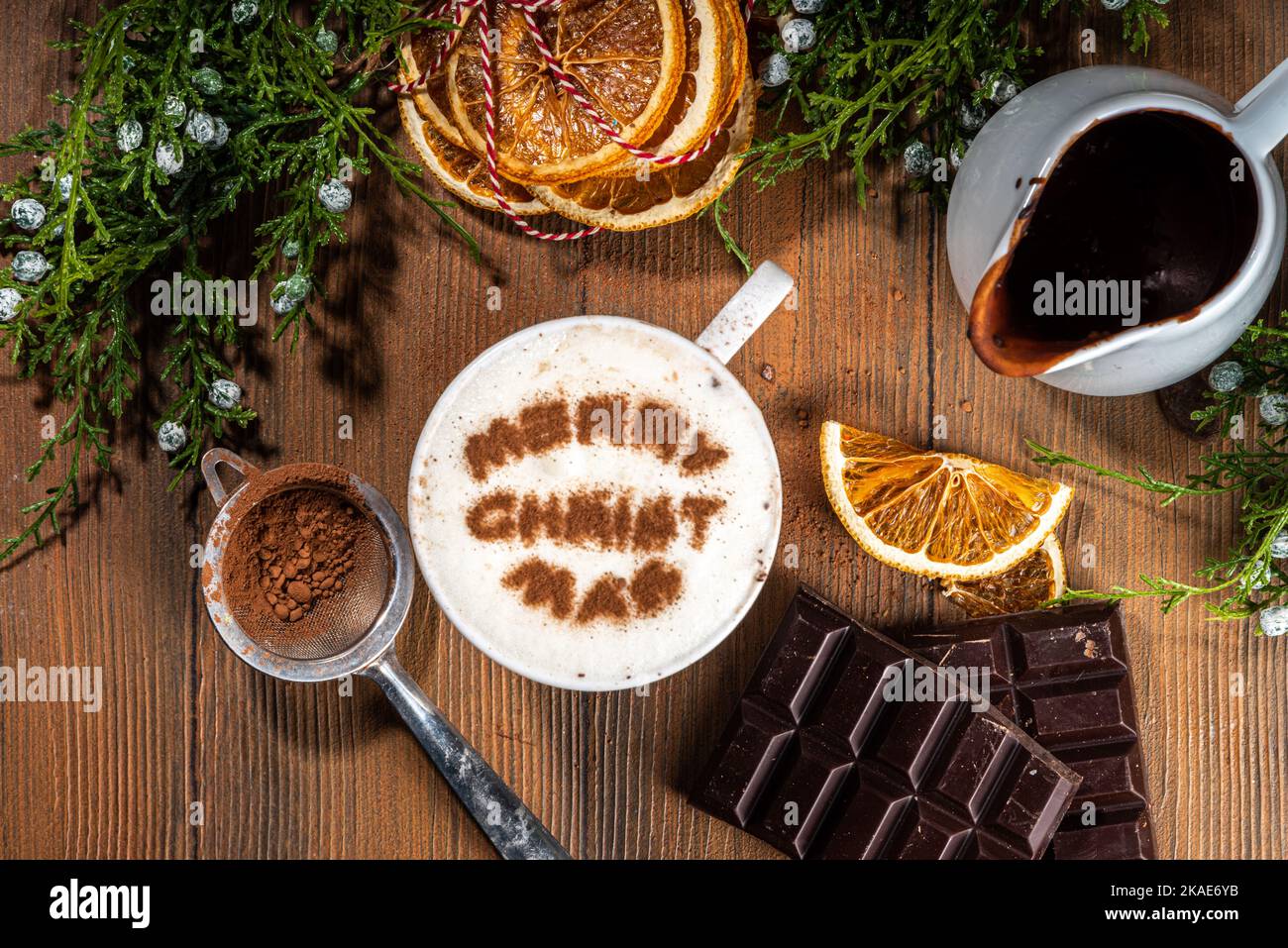 Cappuccino, hot chocolate latte coffee with Merry christmas drawing on ...