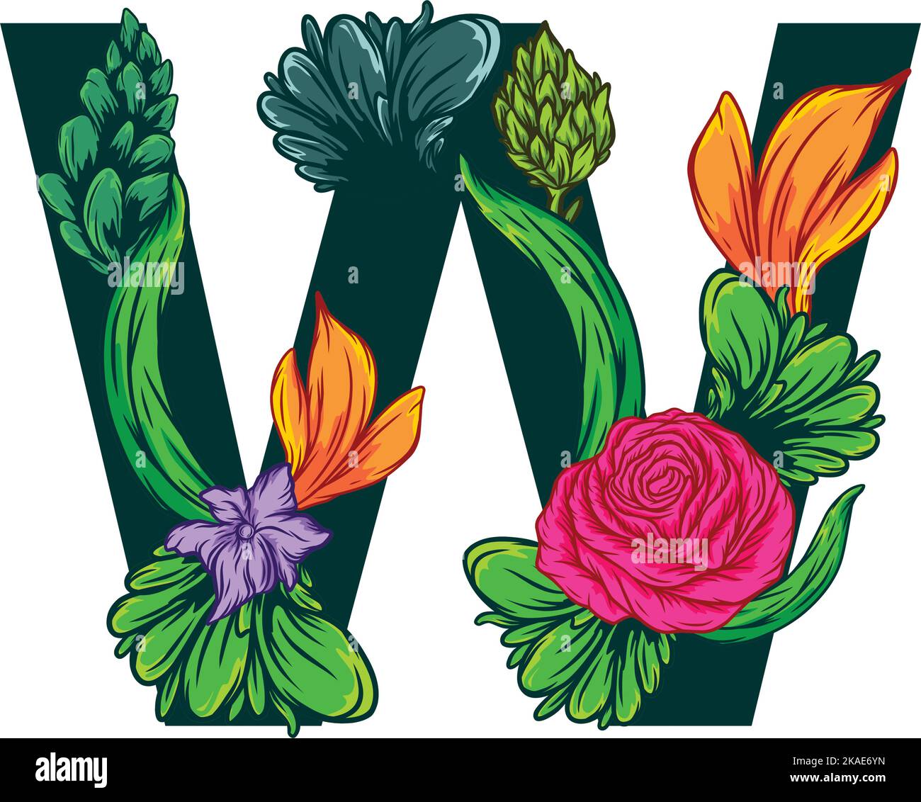 The letter w with a floral pattern isolated on white background ...