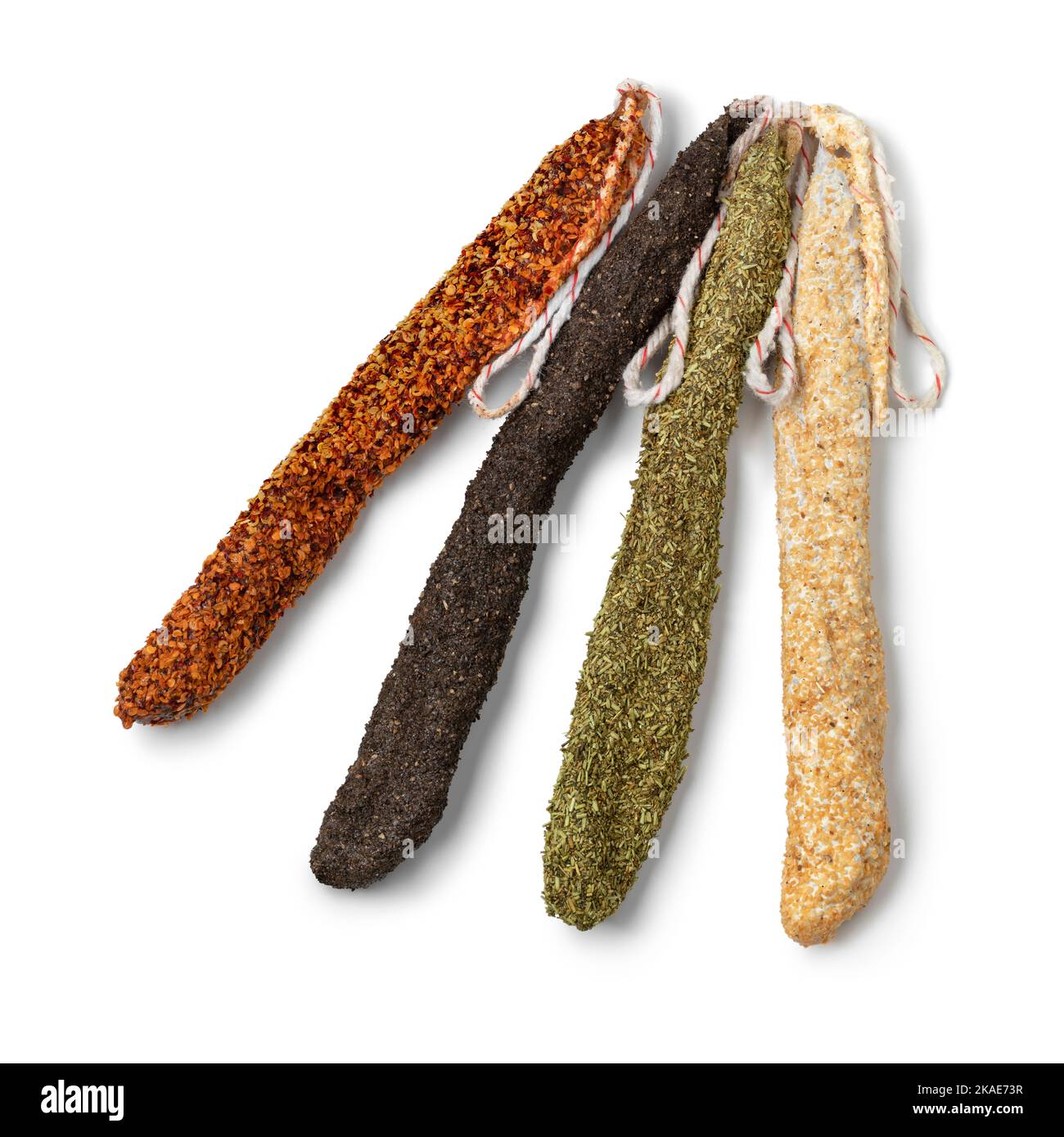 Variaton of traditional Spanish fuet close up isolated on white ...