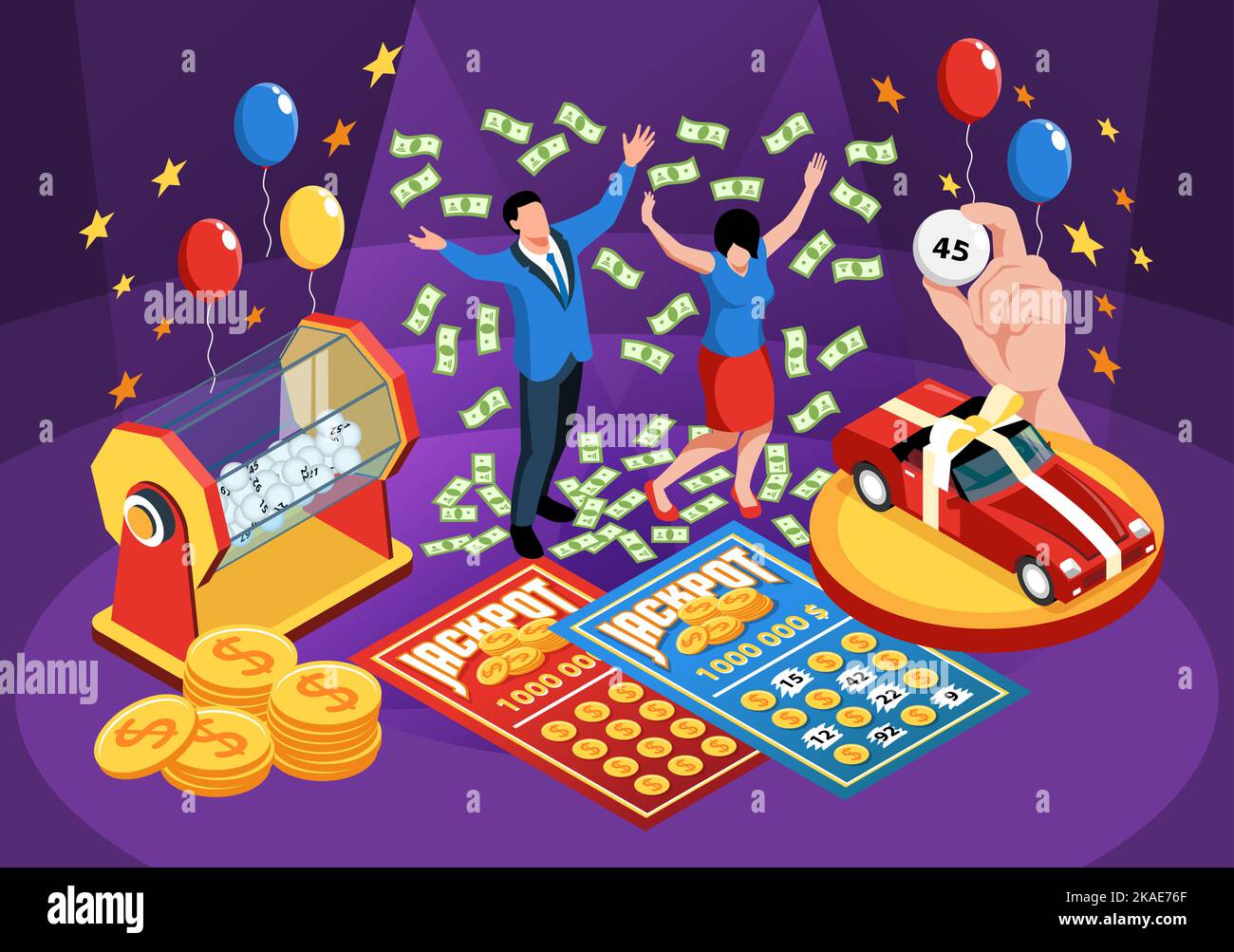 Isometric lottery winning concept with happy woman getting jackpot prizes vector illustration ...