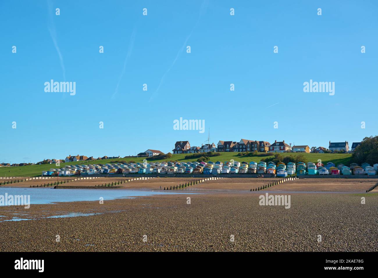 A scenery of the Tankerton Bay beach huts in Whitstable, Kent, UK Stock ...