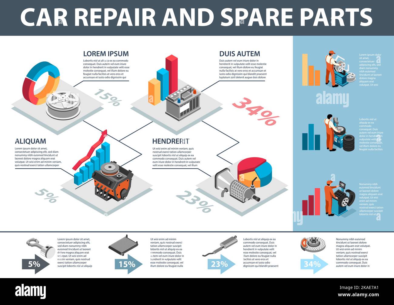 Isometric car repair and auto spare parts infographics vector ...