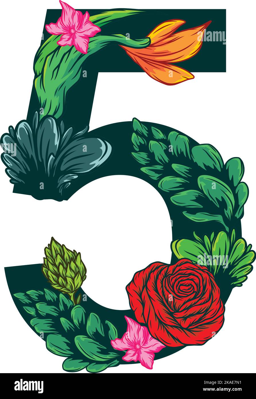 The number five with floral pattern isolated on white background ...