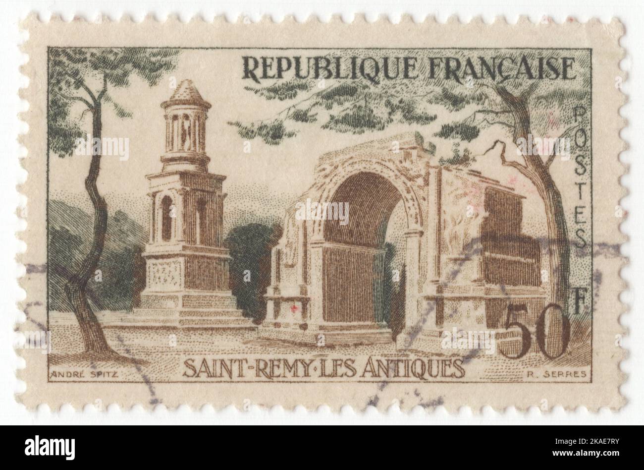 FRANCE - 1957 October 19: An 50 francs olive-green and olive-bister ...