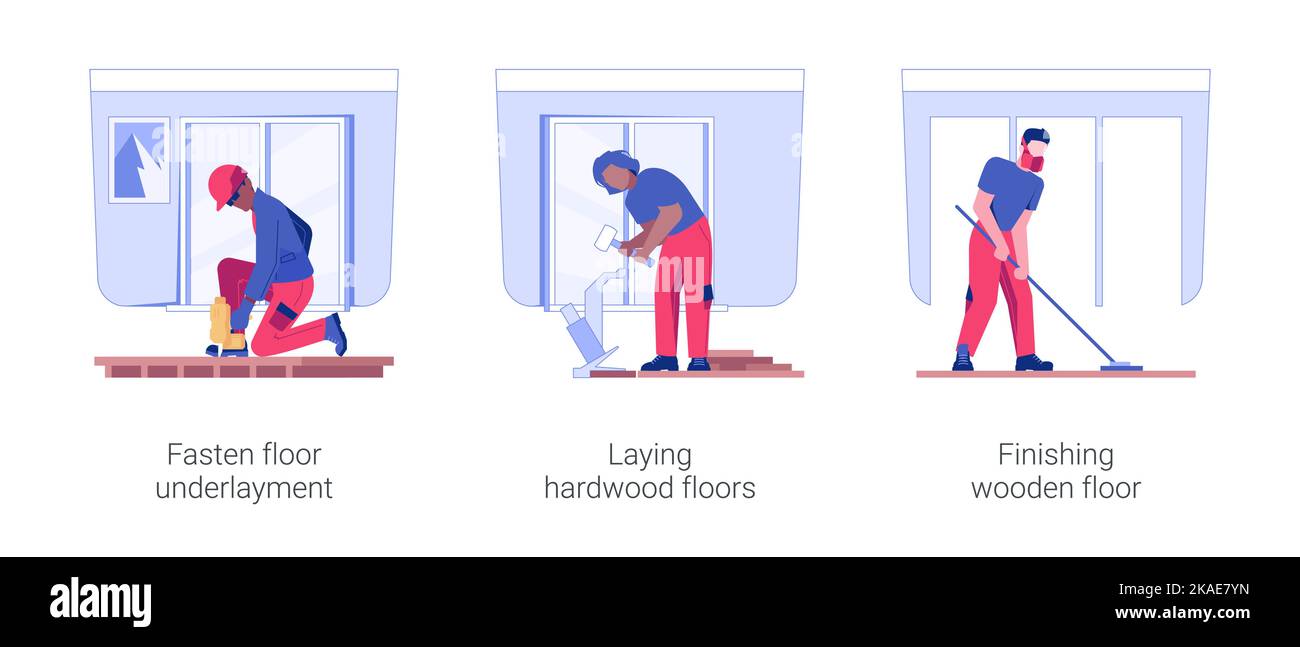 Hardwood flooring isolated concept vector illustration set. Fasten ...