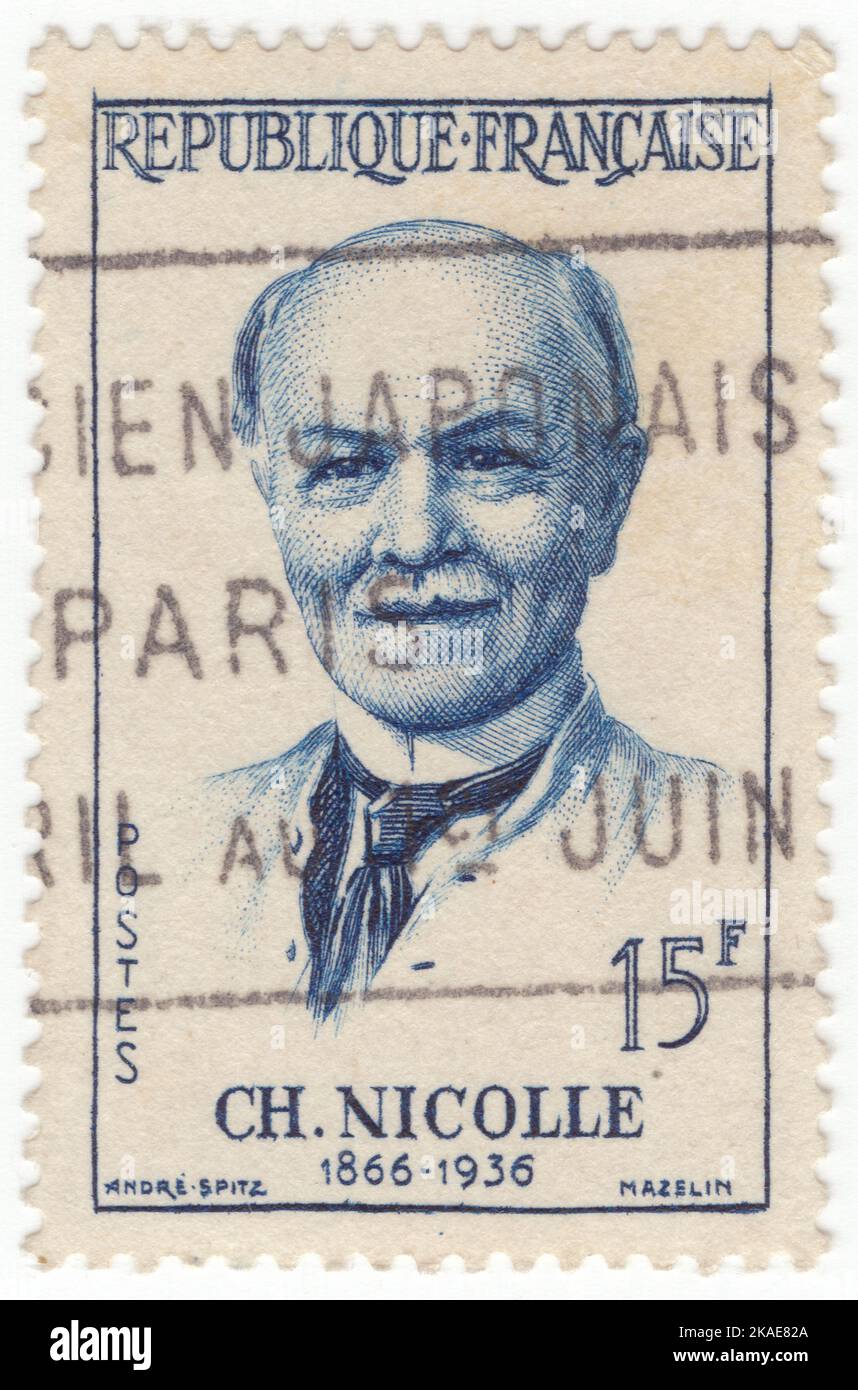 FRANCE - 1958 January 25: An 15 francs deep blue postage stamp ...