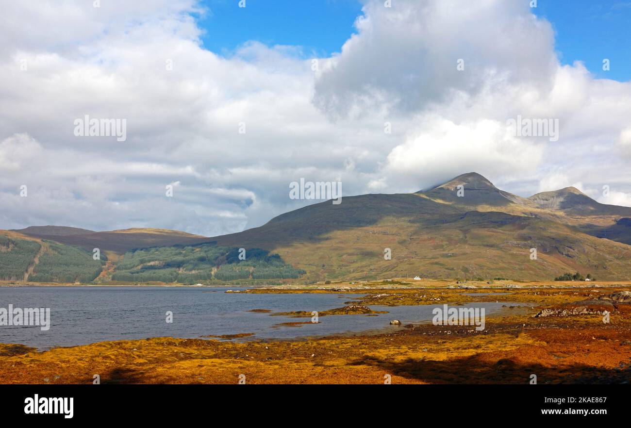 A view over Loch Scridain towards the mountains of Ben More in autumn ...