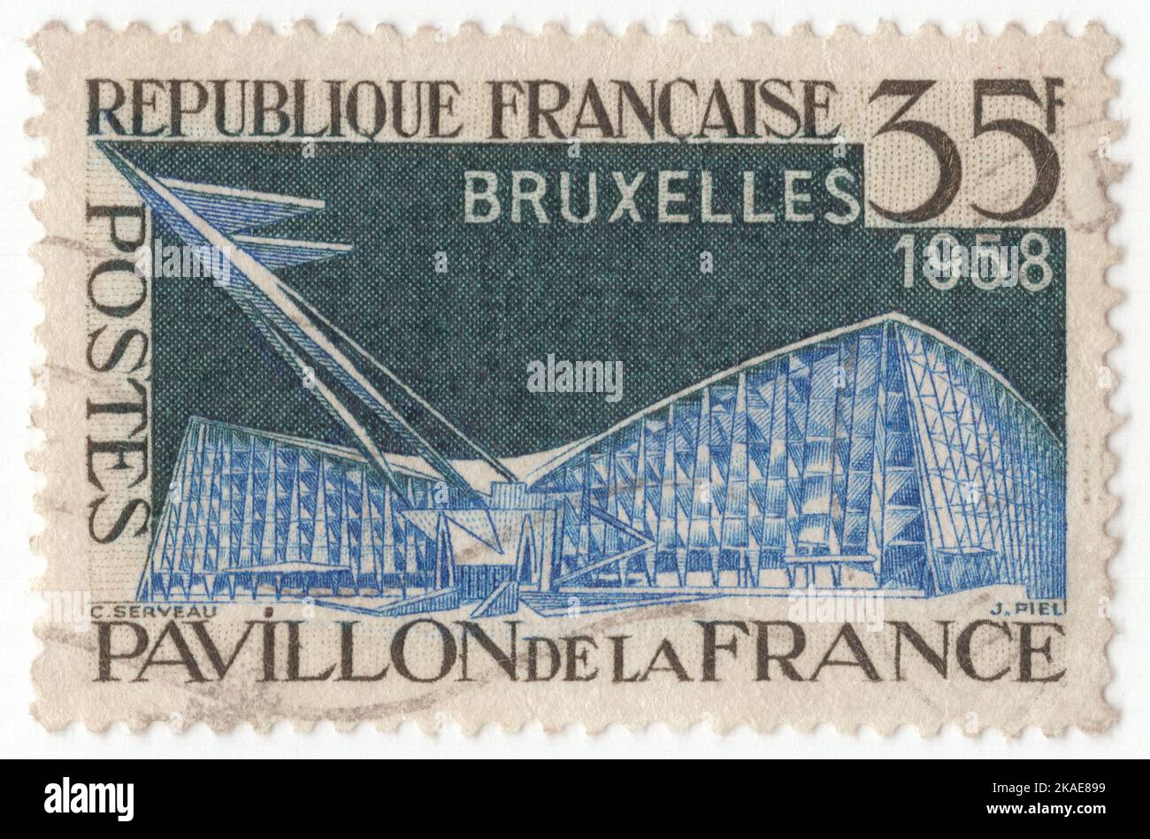 FRANCE - 1958 April 12: An 35 francs brown, dark green and blue postage ...