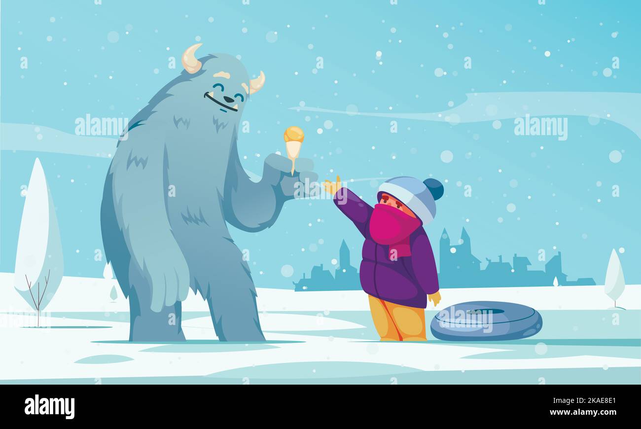 Cartoon winter scenery with little boy treating cute yeti with ice ...