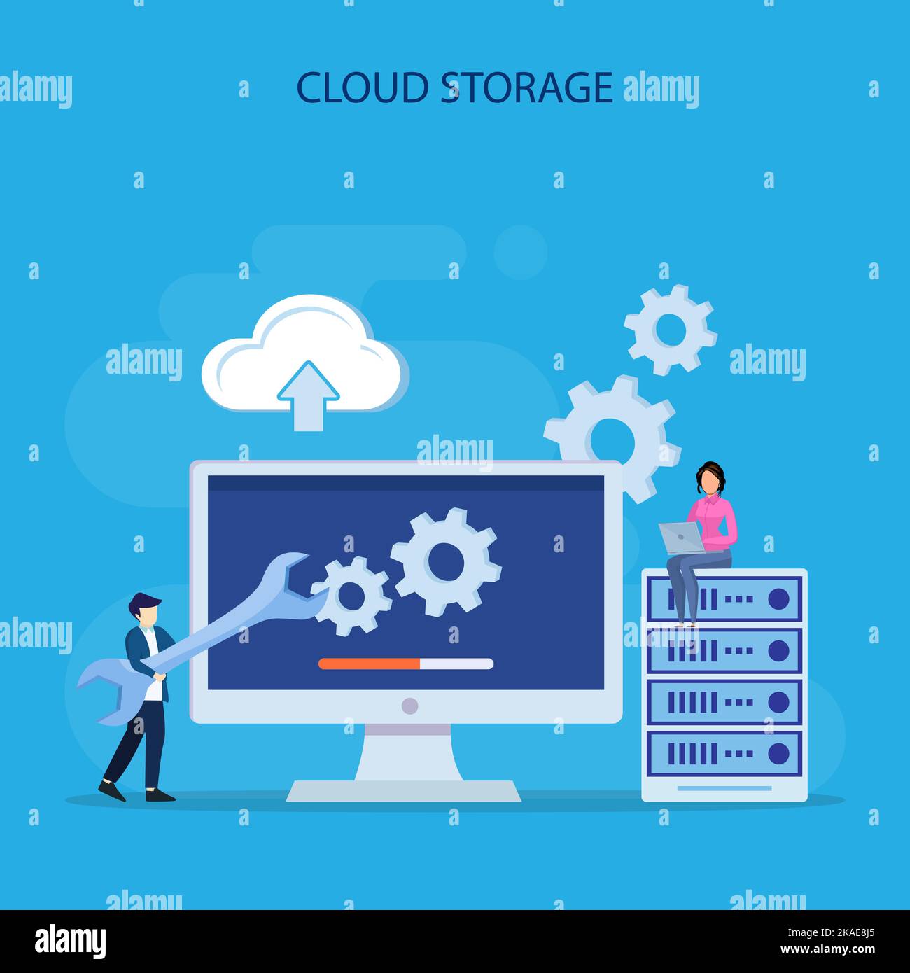 A vector design of cartoon characters working on cloud storage system ...