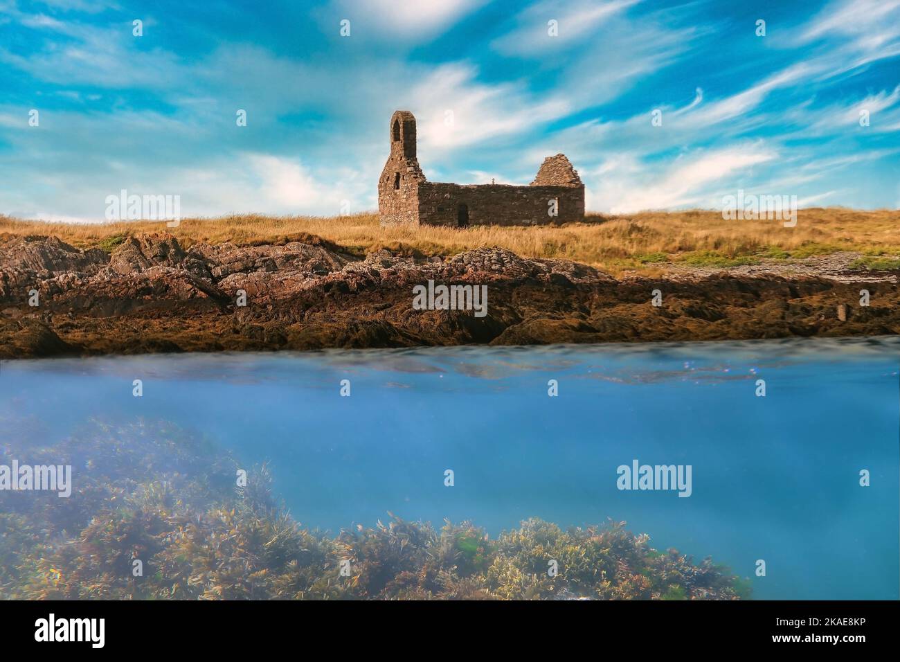 A view of an old destructed building on the shore of the river Stock ...