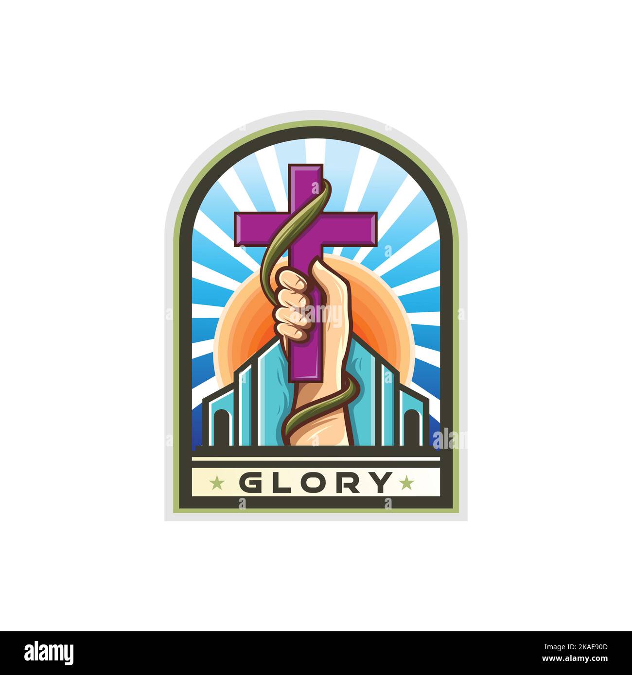 A vector design of a hand holding a cross sign over the word "glory ...