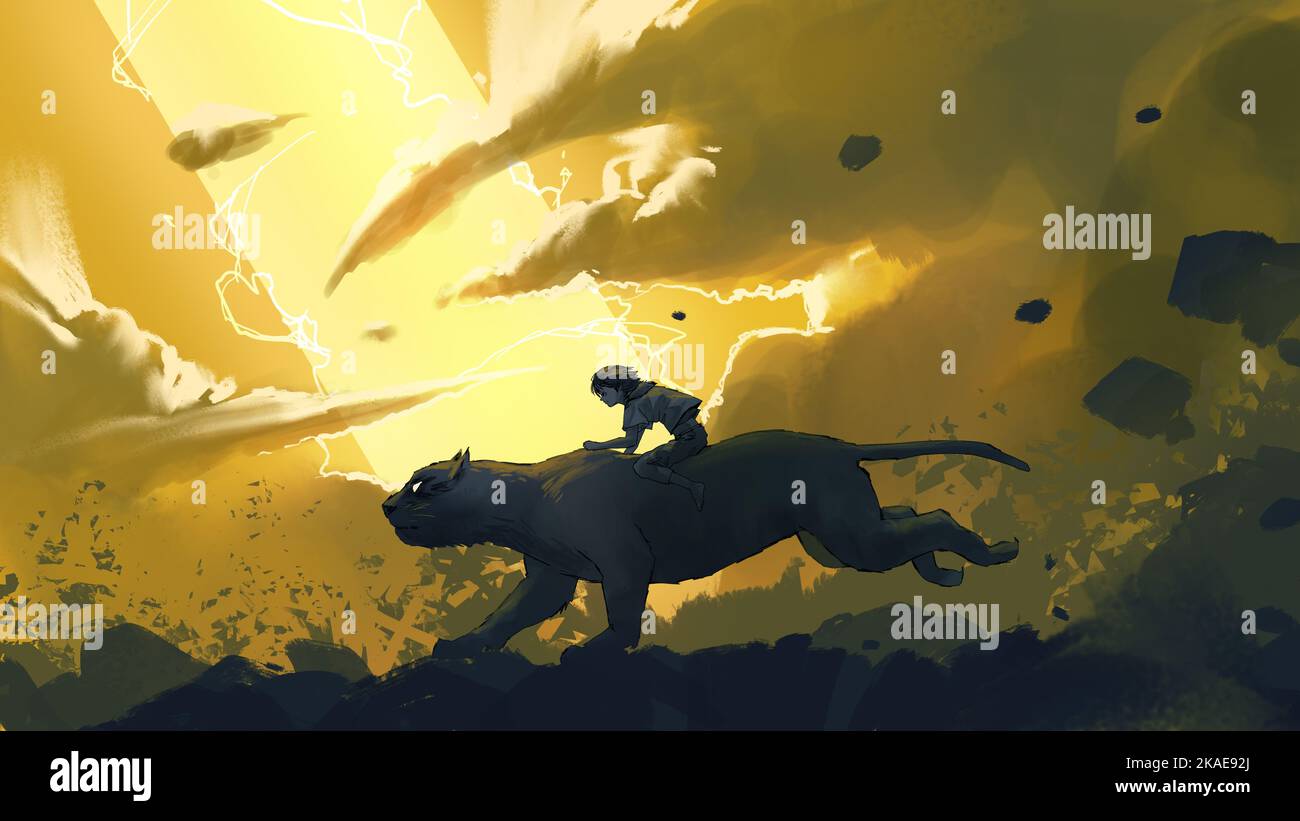 A child riding on the back of a panther runs in the mountains against ...