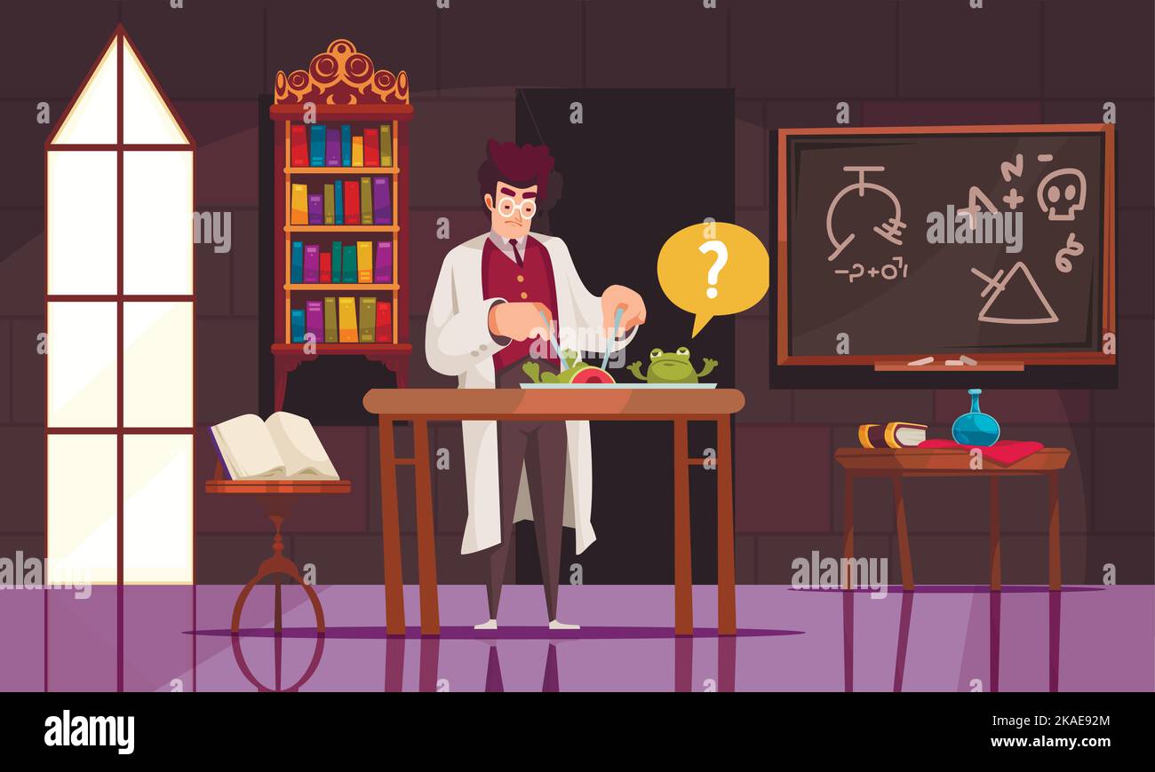 Male scientist working at medieval scientific laboratory doing frog ...