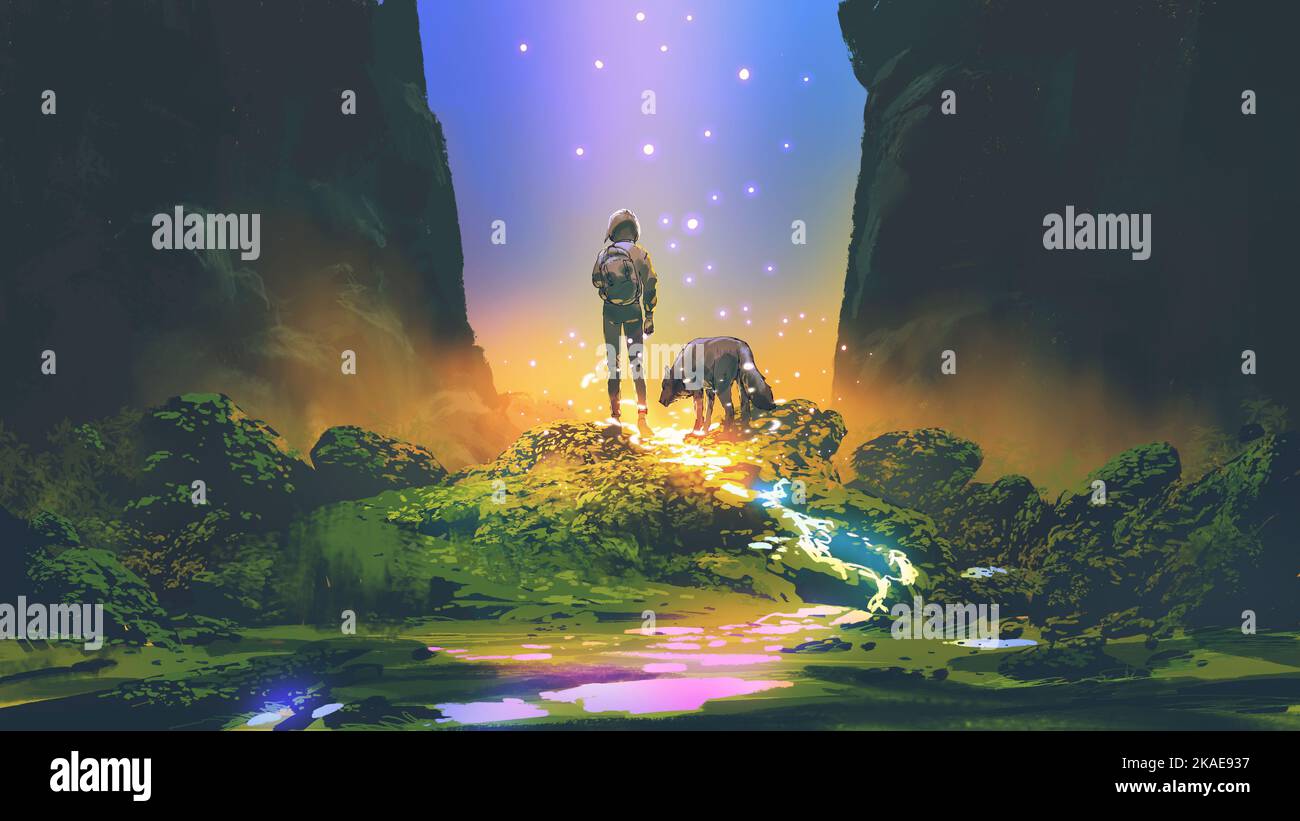 traveler and dog standing and looking at the colorful light in the ...