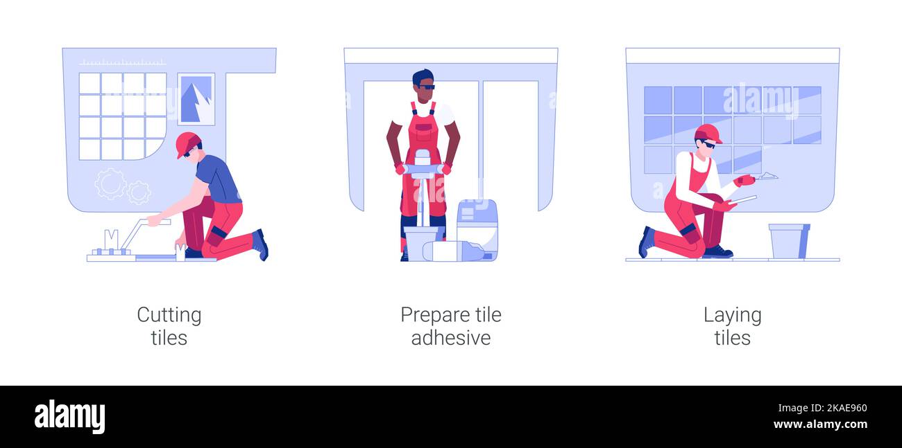 Tile flooring isolated concept vector illustration set. Builder in ...